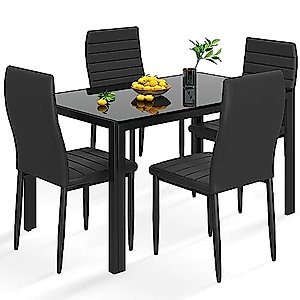 Recaceik Dining Table Set for 4, Kitchen Table and Chairs for 4, Glass Dining Room Table Set with 4 PU Leather Upholstered Chairs Modern Small Dinner Table Set Breakfast Table for Home, Black