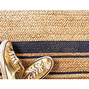 Unique Loom Braided Jute Collection Classic Quality Made Hand Woven with Coastal Design Area Rug, 6 ft x 9 ft, Natural/Navy Blue