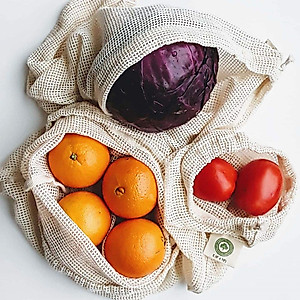 Reusable Cotton Mesh Produce Bags - 100% Organic Cotton, Durable, Double Stitched, Washable with Tare Weight & Drawstring - Mesh Bags for Grocery Shopping, Vegetables & Fruits | 6 Bags (2L, 2M, 2S)