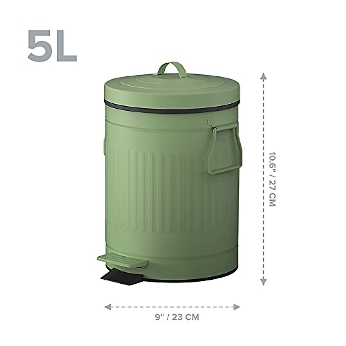Retro Trash Can with Lid - 5L/1.3 Gal Step Trash Can w/ Soft Closing Lid - Round Garbage Can w/ Handles - Touchless Trash Can w/ Removable Garbage Guard Bucket - Outdoor Garbage Bin - Small Trash Can, Green