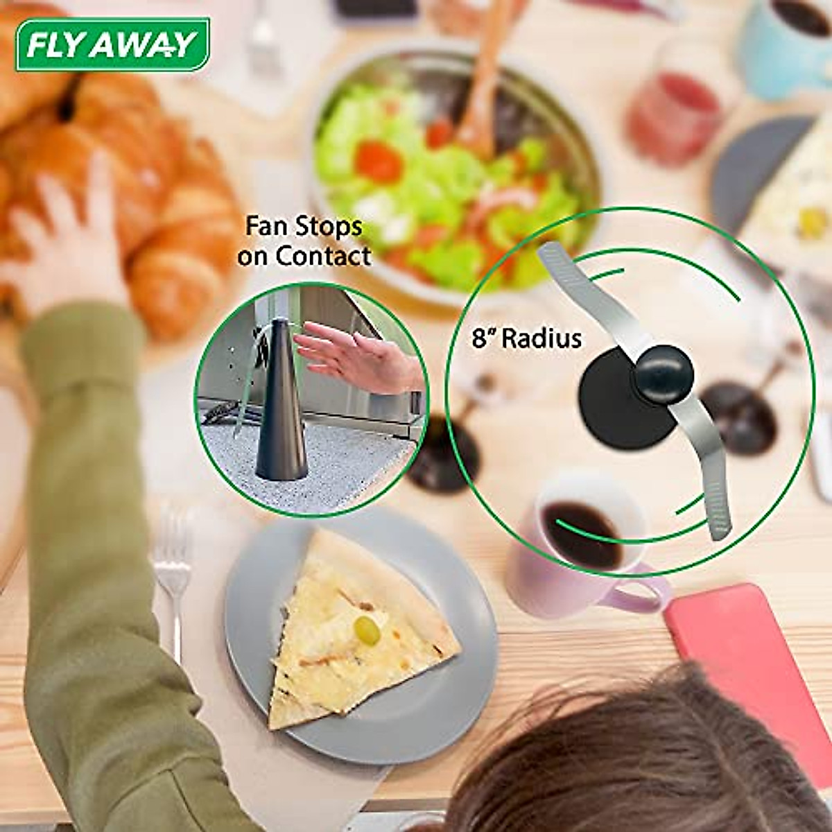 Fly Away - Outdoor Fly Repellent Fan, Outside or Inside Table use, Restaurant, Barbeque, Events, Deter Flies, Wasps, Bees, Other Moscas and Bugs Away, Battery Operated, Tabletop, Hanging Hook.