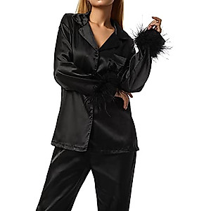 Womens Silk Satin Pajamas Loungewear Feather Decoration Two-piece Sleepwear Lapel Button-Down Pj Set (Black , L )