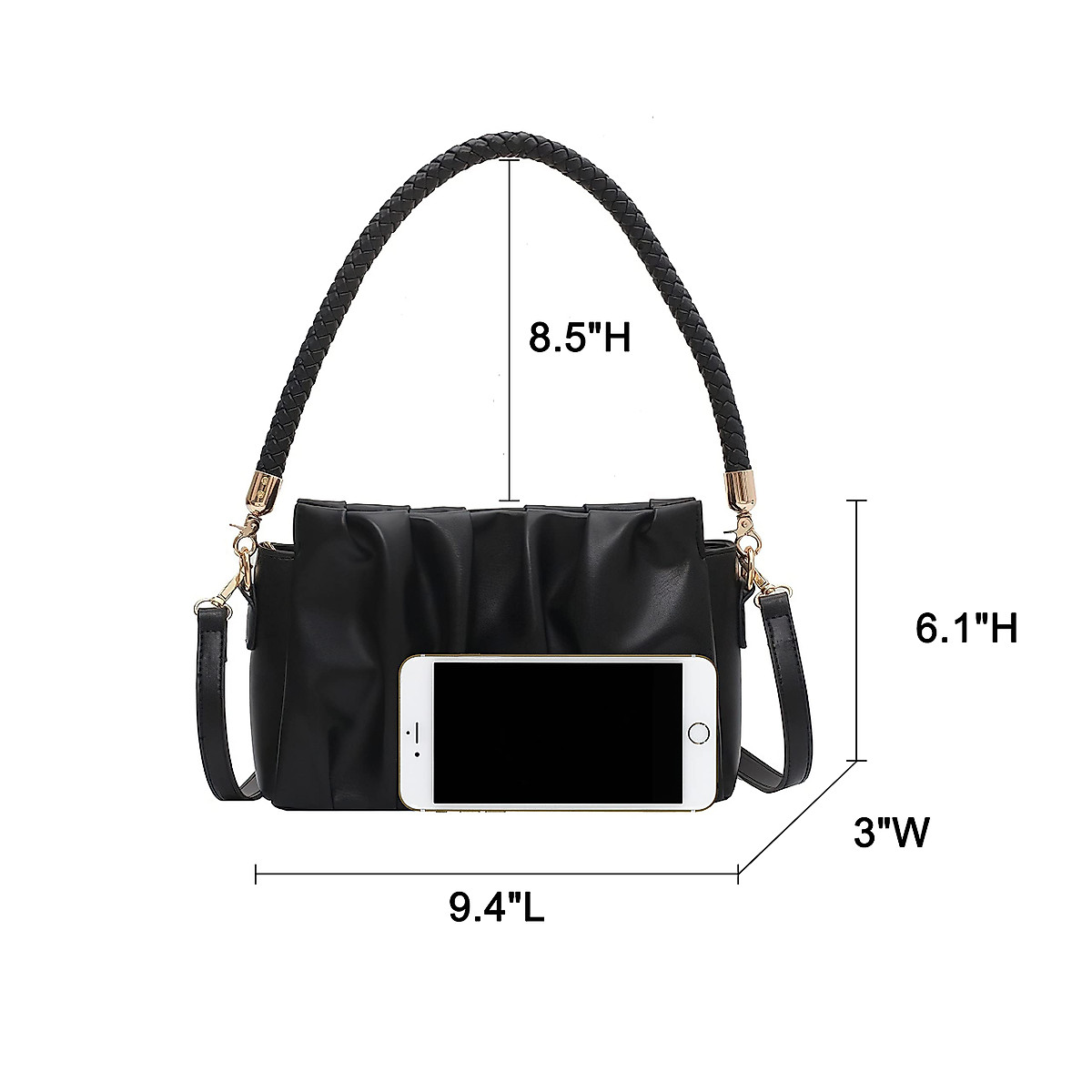Black Purse Female Shoulder Crossbody Bags Purses for Womens With Metal Chain Strap Cute Removable Strap Cinched Small