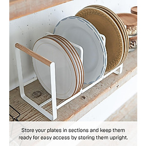Yamazaki Plate Home Accented Storage Rack-Kitchen Holder Stand | Steel + Wood | Large | Dish Organizer, White