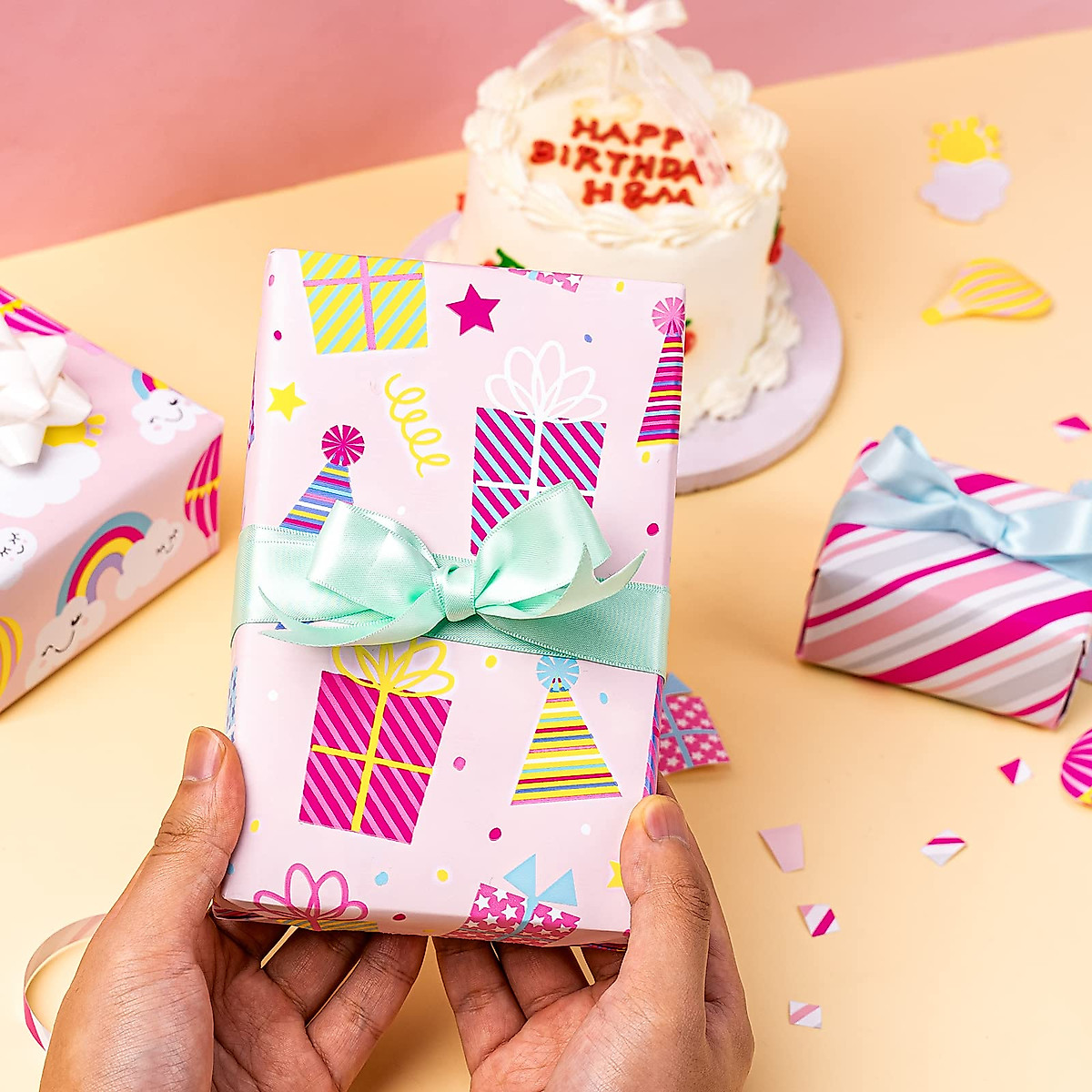 WRAPAHOLIC Birthday Wrapping Paper Roll - Mini Roll - 3 Rolls - 17 Inch X 120 Inch Per Roll - Pink Rainbow, Birthday Gift Boxes, Stripes for Kid's Birthday, Baby Shower