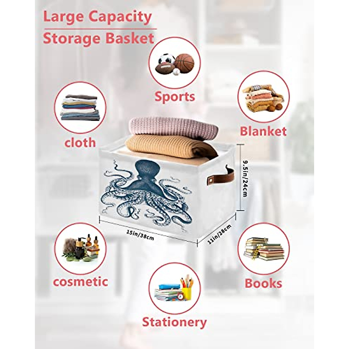 Ocean Sea Storage Baskets for Shelves Storage Bins for Organizing Waterproof Shelf Basket for Home Nursery Toys Clothes Towels Cubes Closet Organizers, Unique Octopus Nautical Blue