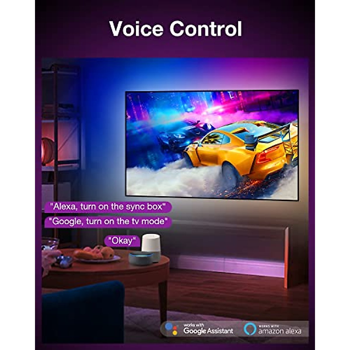 Aubess HDMI 2.0 Sync Box & TV Neon Rope Backlight Kit, WiFi Immersion TV LED Backlights That Compatible with Alexa & Google Assistant for 65" TVs. Fancy Sync Box LED Lights That Sync with TV Picture