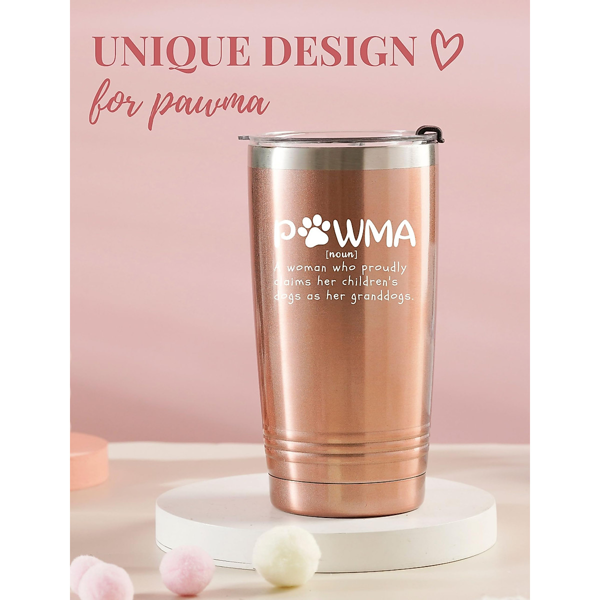 Onebttl Pawma Gifts for Grandma, Insulated Stainless Steel Wine Tumbler with Lid, For Dog Grandma on Birthday, Mother’s Day, Christmas, Rose Gold, (20 oz)