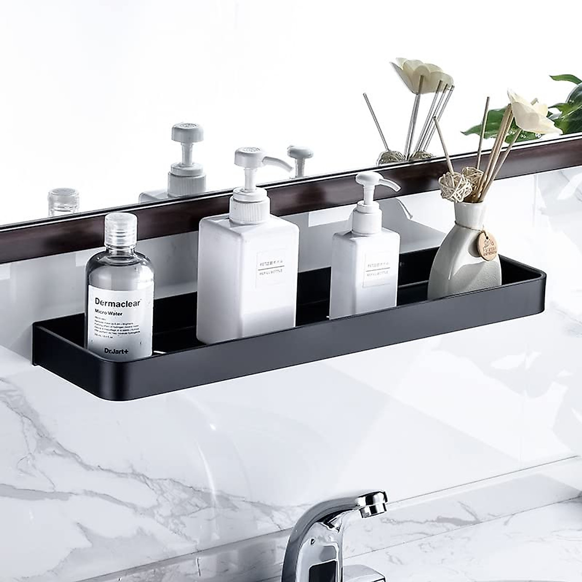 Fippkargo Bathroom Shelf with Towel Bar, Wall Mounted Shower Storage Organizer Holder Rack, Floating Shelf for Bathroom,Kitchen,Toilet 15.7" (Black)