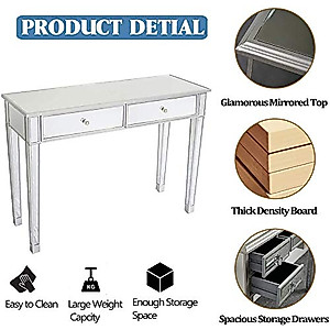 Binrrio Mirrored Console Table, Silver Glass Mirrored Makeup Vanity Table Desk for Women, Writing Desk Media Console Table for Home Living Room Bedroom Office Smooth Finish (Sliver-2 Drawers)