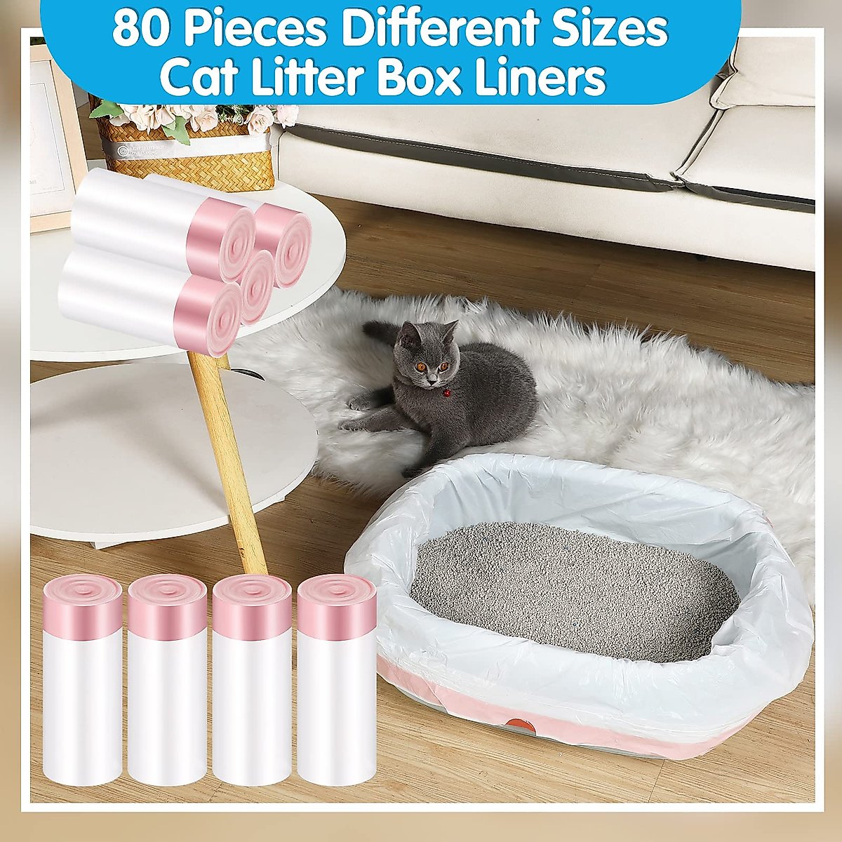 Jutom Large Cat Litter Box Liners, 80 Count, 36 x 18 in and 31 x 18 in, Scratch Resistant HDPE Material, Convenient Drawstring Design, Keep Home Clean