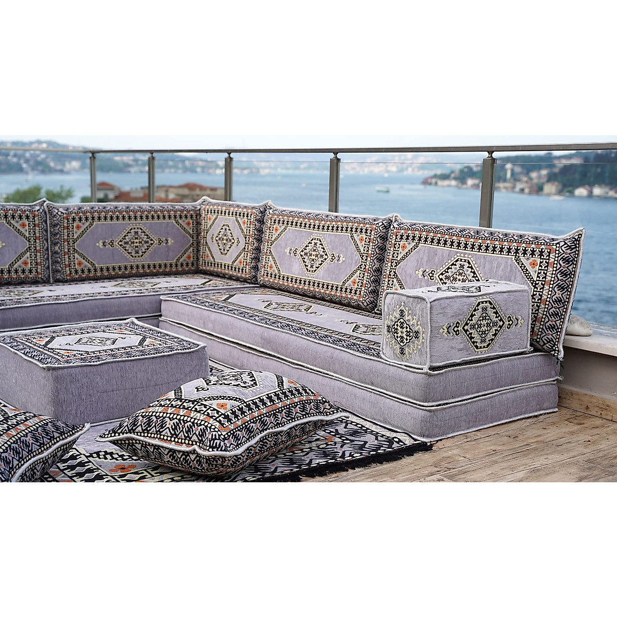 Gray L Shaped Arabic Sofa Set, Floor Couch, Sectional Sofas, Arabic Majlis, Turkish Rug, Couch Covers for 3, Sofa Bed, Poufs (L Sofa + Rug + Poufs)