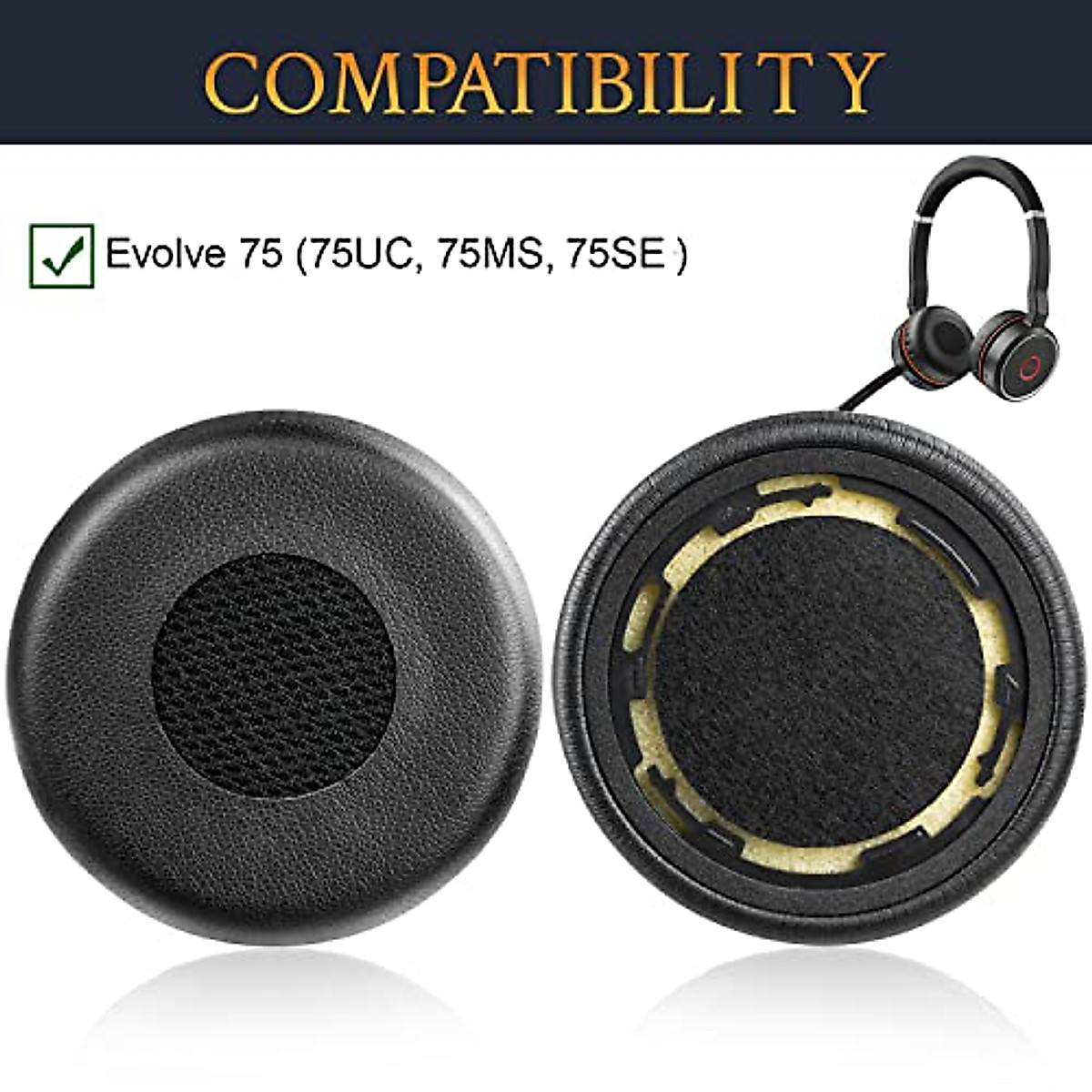 SOULWIT Earpads Replacement for Jabra Evolve 75(75UC 75MS 75SE) Stereo Wireless Bluetooth Headset, Ear Pads Cushions with High-Density Noise Isolation Foam, Softer Protein Leather