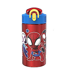 Zak Designs Marvel Spider-Man 18/8 Single Wall Stainless Steel Kids Water Bottle, Flip Straw Locking Spout Cover, Durable Cup for Sports or Travel (15.5oz, Non-BPA, Spidey and His Amazing Friends)