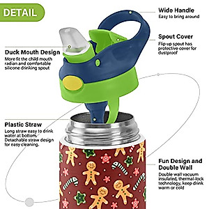 MCHIVER Christmas Gingerbread Men Kids Water Bottle with Straw Insulated Stainless Steel Kids Water Bottle Thermos for School Girls Boys Leak Proof Cups 12 oz / 350 ml Green Top