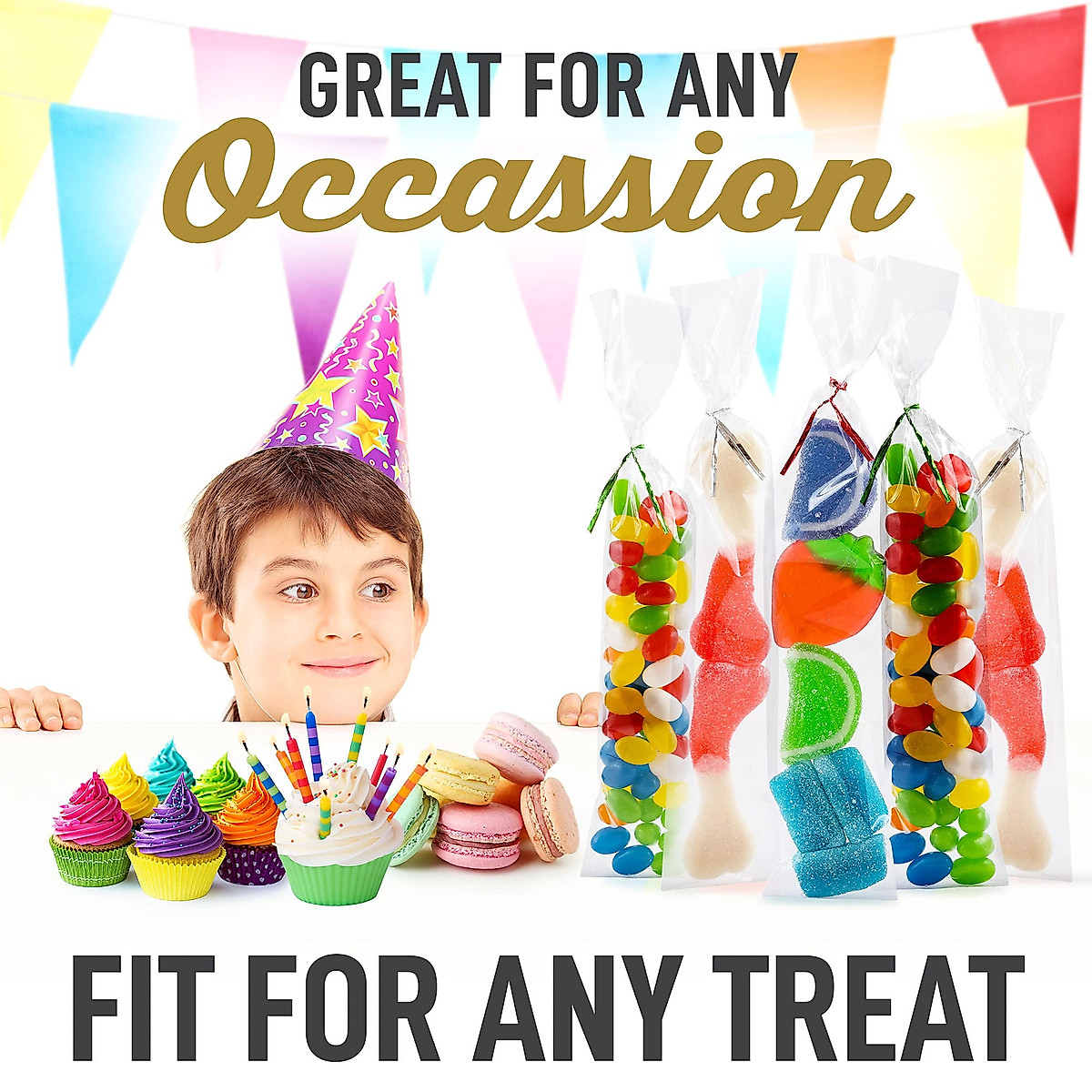 Simple Craft 200 Pack Candy Treat Cellophane bags - 8x10 Thick Plastic Candy Bags With Ties For Goodie Bags - Clear Cellophane Treat Bags For Candy, Cookies & Pastries (8''x10'')