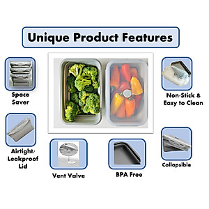 Cocina Vida Collapsible Silicone Food Storage Containers with Airtight Lids | Kitchen Stackable Lunch Box Microwave Dishwasher Safe| Set of 4 Silicone Food Storage Containers