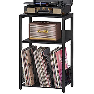 LELELINKY Black End Table, Small Side Table with Metal Frame,Modern Record Player Stand with Storage Shelf, Wood 3 Tier Sofa Bedside Tables, Narrow Nightstand for Living Room Bedroom Office