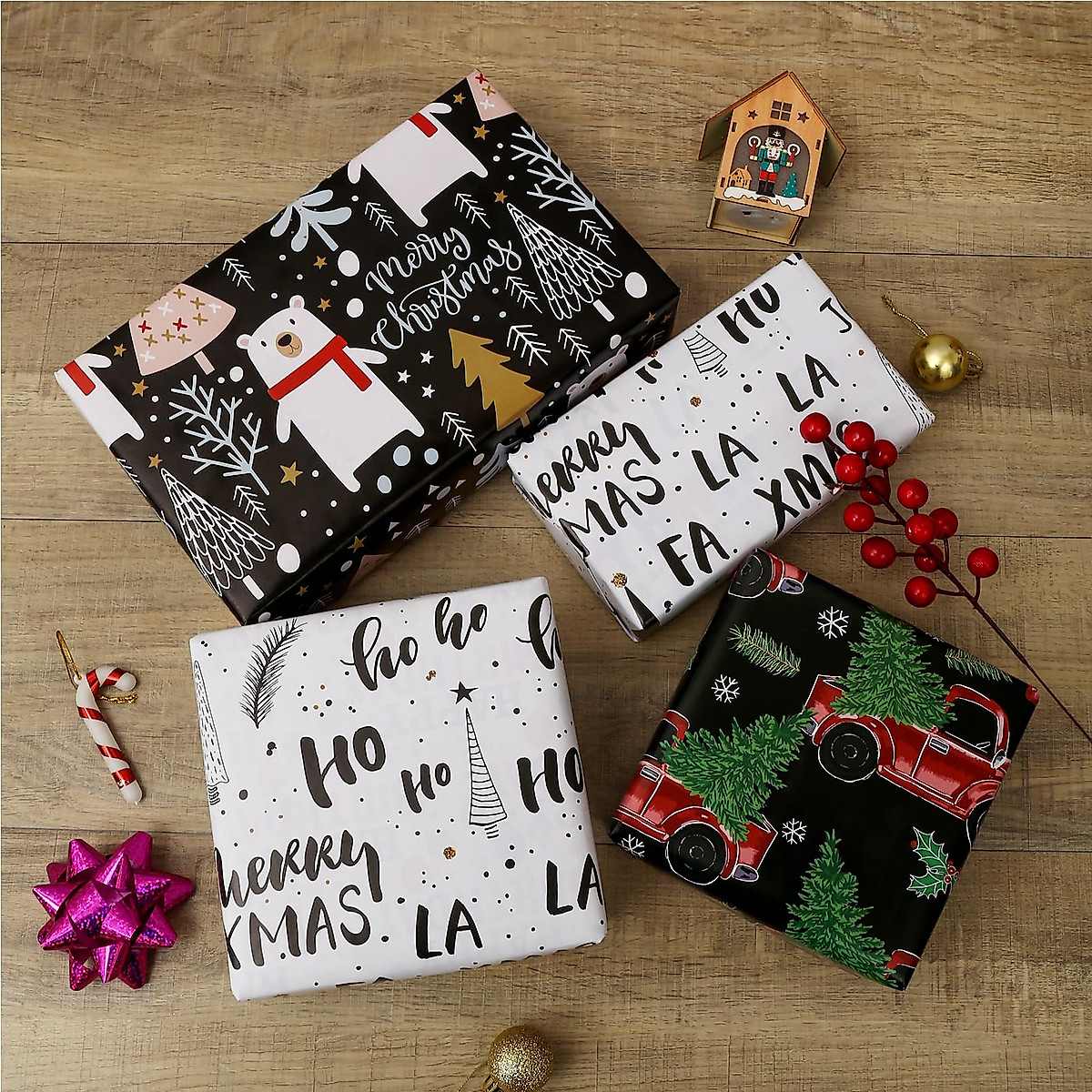 BULKYTREE Christmas Wrapping Paper with Cut Lines for Kids Boys Girls - 3 Mini Rolls Vintage Red Truck, Xmas Greetings Tree, Polar Bear in Black & White - Holiday Gift Wrap Bundle, 17.7 X 120 Inch Per