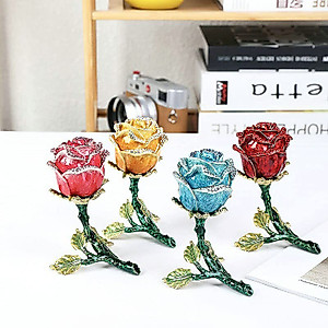 Wowagoga Mini Enamel Rose Hinged Trinket Box Rose Ring Box Small Bling Treasure Box Red Jewelry Box for Proposal Gift Home Décor, Rose Series,Blue