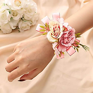 CASDRE Bride Wedding Wrist Corsage Bridal Hand Flower Pearl Corsage Wristlet Wedding Accessories for Women and Girls (Pink)