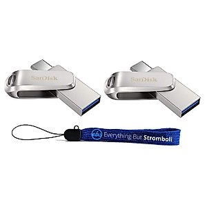 SanDisk 32GB Flash Drive (Bulk 2 Pack) Ultra Dual Drive Luxe USB Type-C for Smartphones, Tablets, and Computers - High Speed USB 3.1 (SDDDC4-032G-G46) Bundle with (1) Everything But Stromboli Lanyard