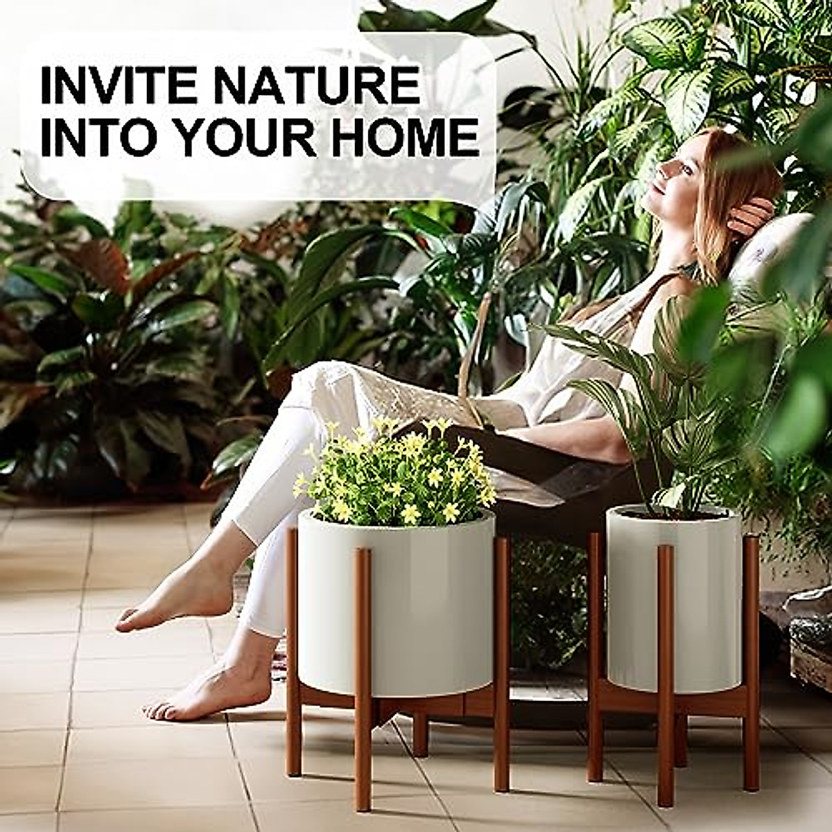 MUDEELA 2 Pack Indoor Plant Stands, 2 Tier Tall Plant Stand 30 inches, Mid Century Bamboo Plant Stand, Adjustable Width 8 - 12 inches, Fits Pot Size of 8 9 10 11 12 inches, Pot & Plant Not Included, Brown