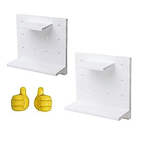 AHAVINTAGE.COM Floating Bedside Shelf with Thumb Clip Holder, Stick On Wall Mounted Peg Board Racks, Wall Decor Display Shelf Holder for Phone,Glasses,Remote Control,Keys,Pens Kit(White - 2PCS)