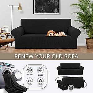 KEKUOU Stretch Loveseat Sofa Cover Slipcover,Couch Covers for 2 Cushion Couch Sofa (55"-79") Furniture Protector Sofa with Elastic Bottom for Kids,Dog. Jacquard Small Checked (Medium,Black)