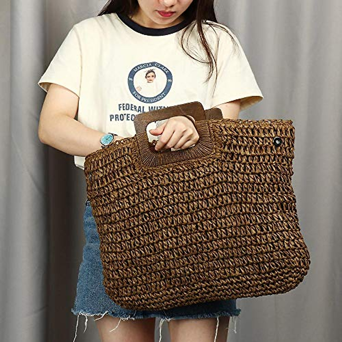 Women's Straw Tote Bag Handbags Beach Bag Exquisite Woven Fashion Large Rectangle Top Handle Bag Shopper Bag (Coffee Color)