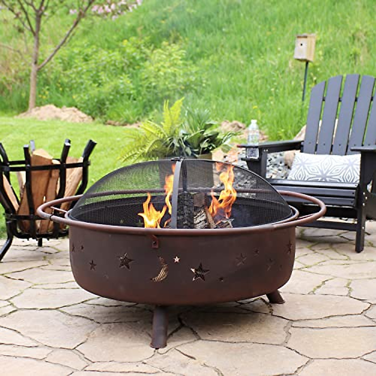 Sunnydaze Cosmic 42-Inch Wood-Burning Steel Fire Pit with Round Spark Screen, Poker, and Built-in Grate - Rust Patina