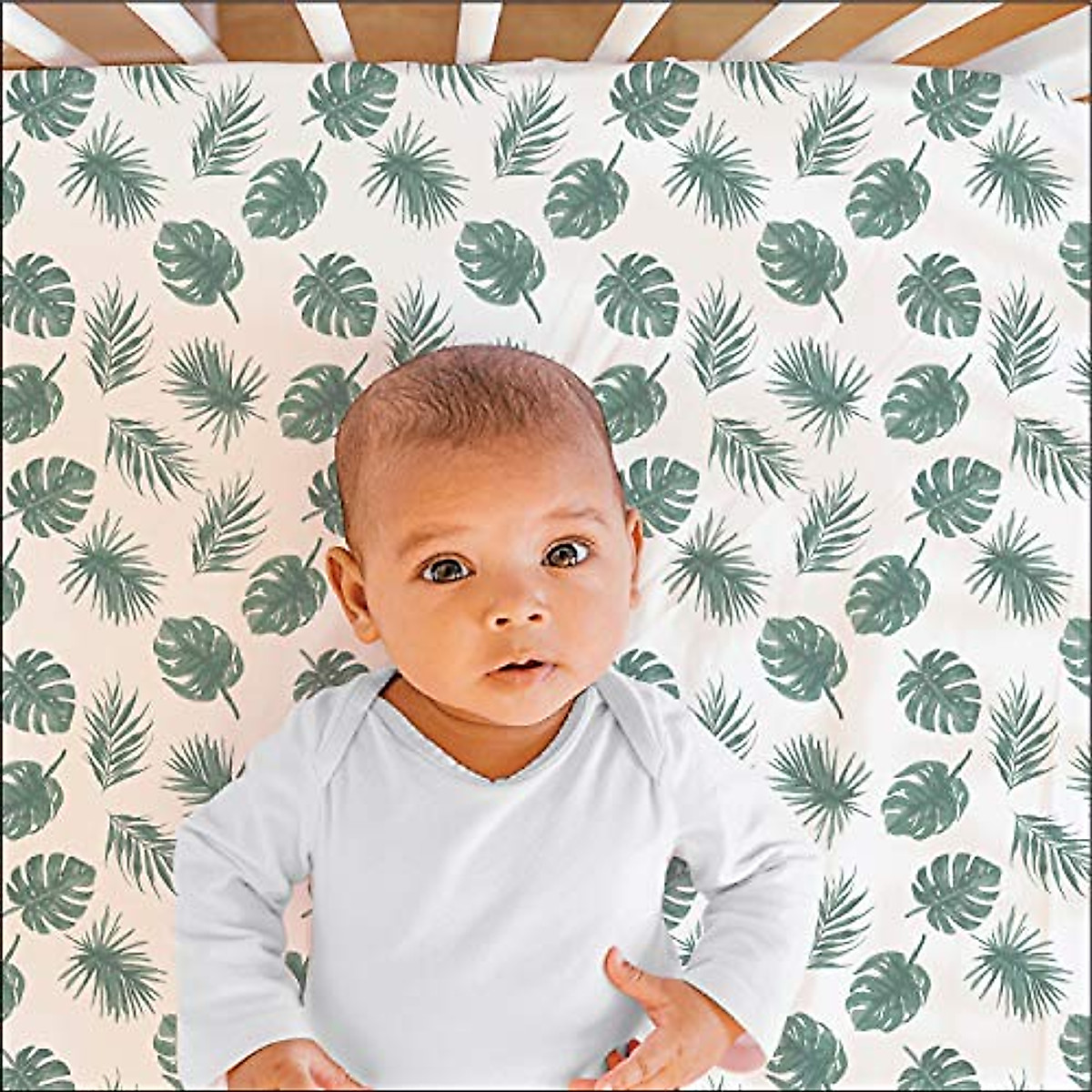 The Peanutshell Fitted Crib Sheet Set for Baby Boys or Girls - 2 Pack - Botanical Leaf & Stripe