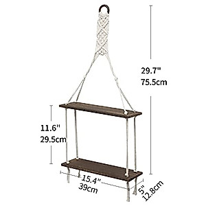 Sonefreiy Rustic Hanging Shelves 2 Tier White Rope Brown Wood Floating Shelf Window Plant Shelves for Bathroom Bedroom Living Room