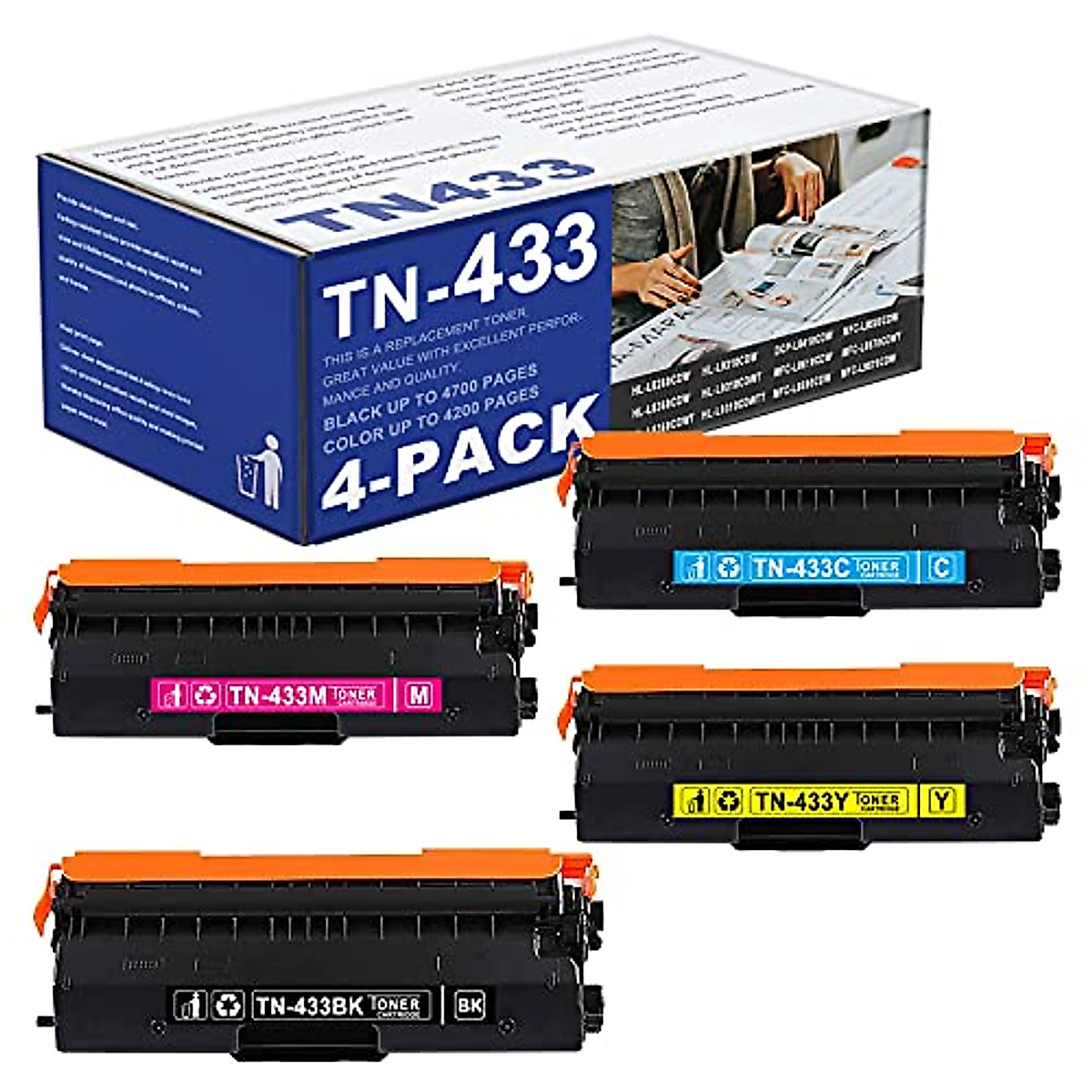 Indi 4 Pack TN-433BK TN-433C TN-433M TN-433Y Compatible TN433 TN-433 High Yield Toner Cartridge Replacement for Brother HL-L8360CDW DCP-L8410CDW MFC-L8900CDW L8610CDW L9570CDW Printer(1BK+1C+1M+1Y).