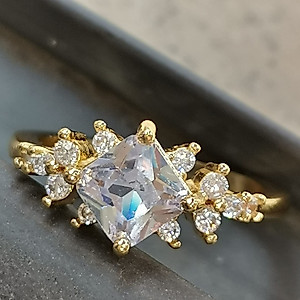 GUIDECUN Simple Yellow Gold Plated White Princess Cushion Cut CZ Tiny Ring Women's Engagement Jewelry Gifts for her (US Size 7)