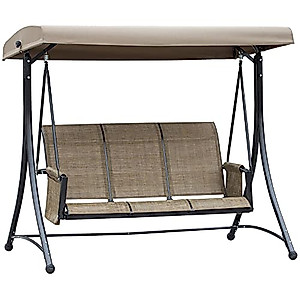 Outsunny 3-Seat Patio Swing Chair, Outdoor Porch Swing Glider with Adjustable Canopy, Side Pouches, Breathable Seat and Back, for Garden, Poolside, Backyard, Brown
