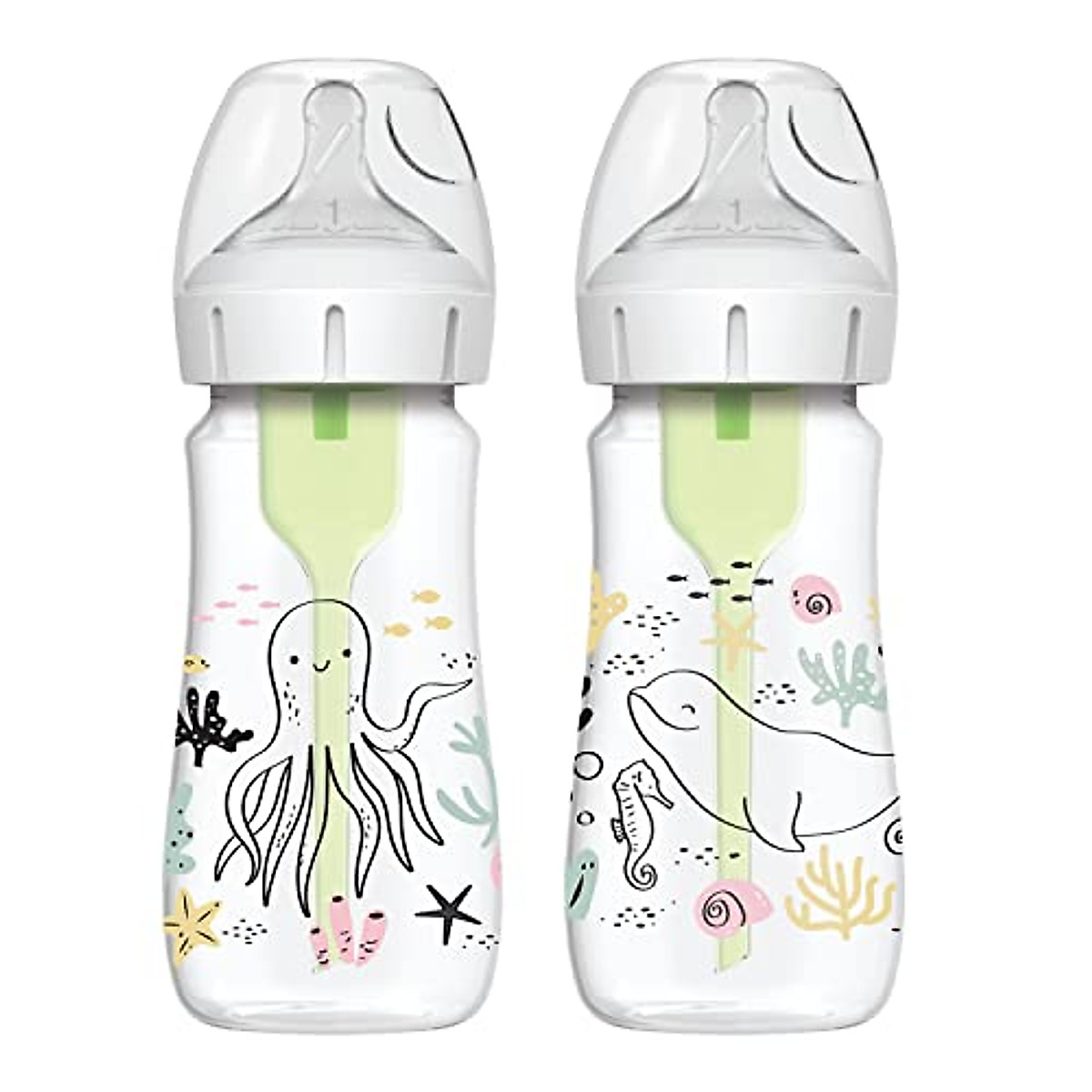Dr. Brown’s Natural Flow® Anti-Colic Options+™ Wide-Neck Baby Bottle Designer Edition Bottles, Ocean Decos, 9 oz/270 mL, Level 1 Nipple, 2-Pack, 0m+