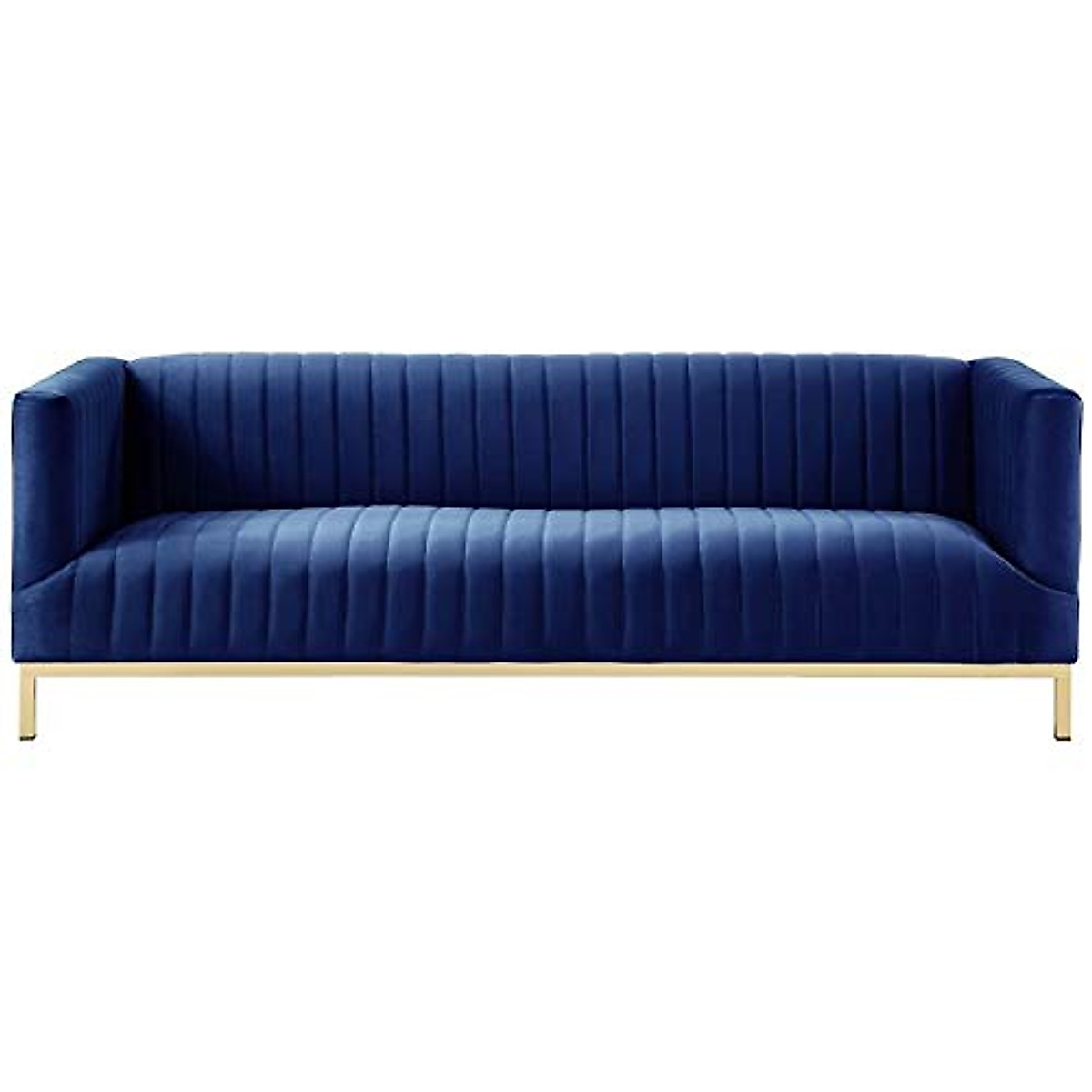 Posh Living Hayden Velvet Tuxedo Sofa with Y-Metal Base in Navy Blue/Gold