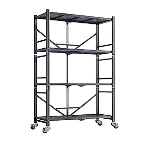 SAYZH 4-Tier Shelves, Foldable Metal Storage Shelves for Garage Plant Shoe Pantry Kitchen Microwave, Grey