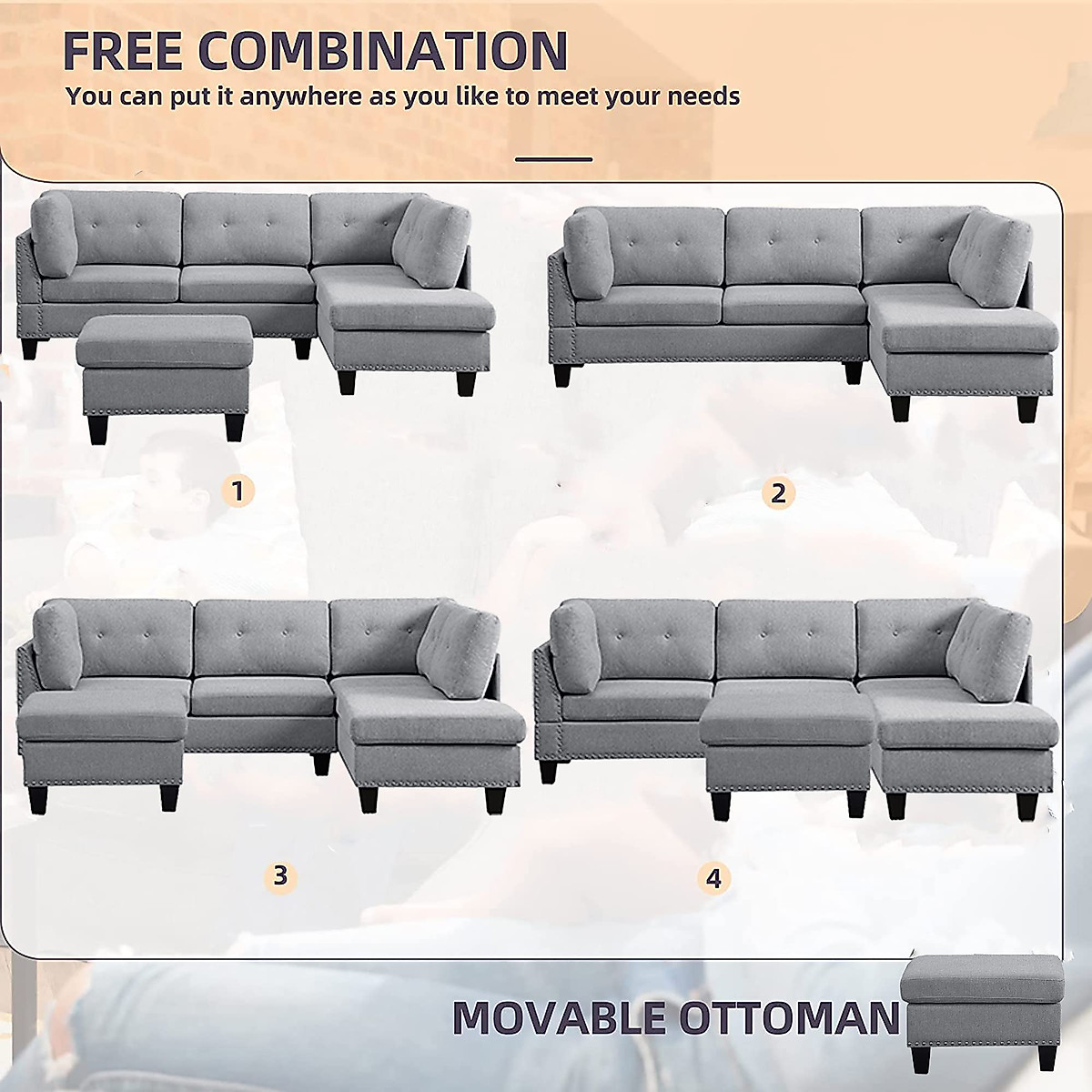 BEEY Modular Sectional Sofa Couch with Reversible Chaise, 3-Seat L Shaped Sectional Couch with Ottoman for Living Room, Right Facing Couch, Light Grey