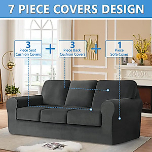 HDCAXKJ Couch Cover 7 Piece Velvet Stretch Dog Sofa Covers for 3 Cushion Couch Soft Magic Fitted Anti Slip T Cushion Sofa Slipcovers 3 Seat Living Room Pet Furniture Protector (Dark Gray, Large)