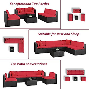Greesum Patio Furniture Sets 7 Piece Outdoor Wicker Rattan Sectional Sofa with Cushions, Pillows & Glass Table, Red