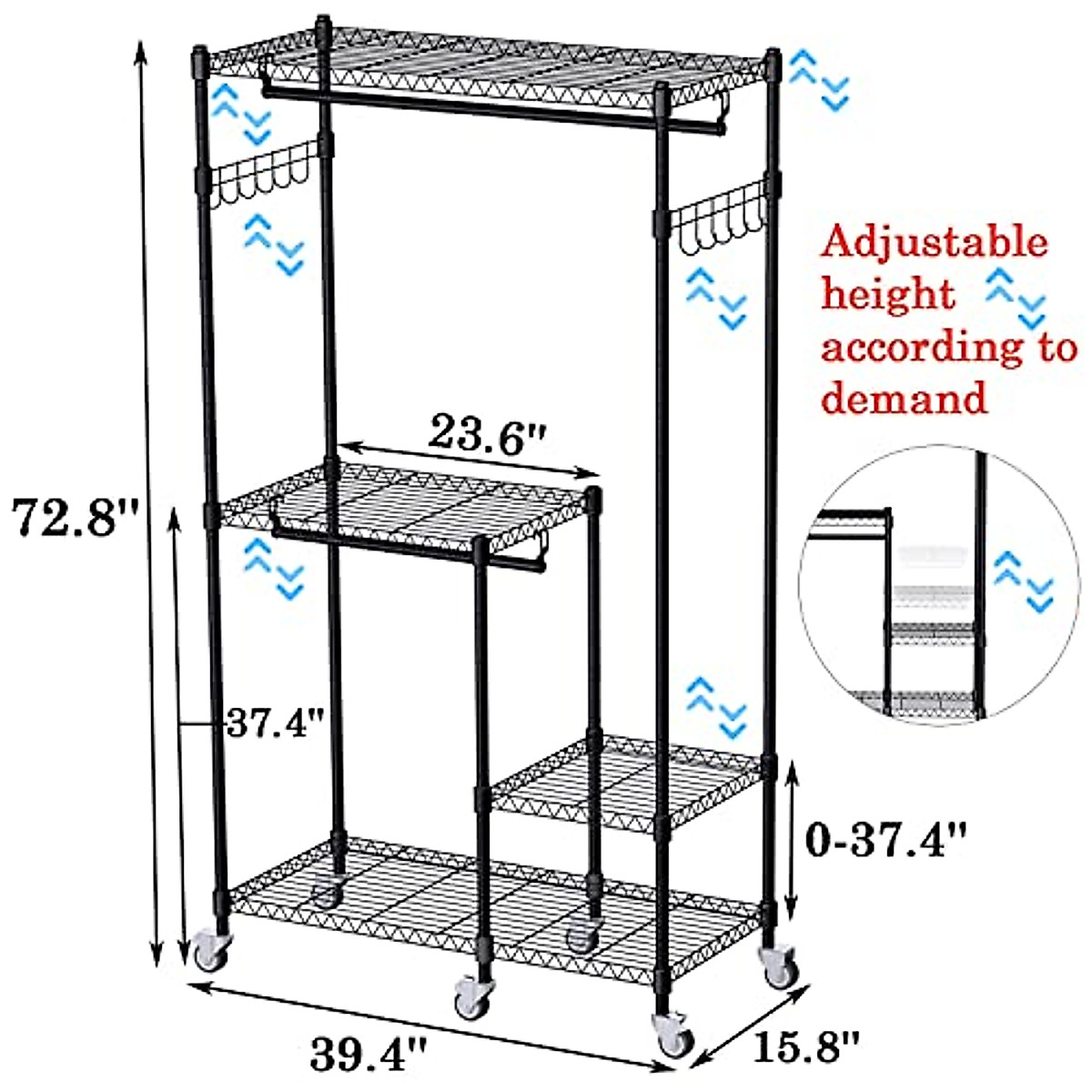 uyoyous 3 Tier Rolling Clothing Rack 73 X 40 Inch Wire Heavy Duty Clothes Rack with Locked Wheels and Side Hooks Rolling Garment Rack Closet Organizer for Bedroom