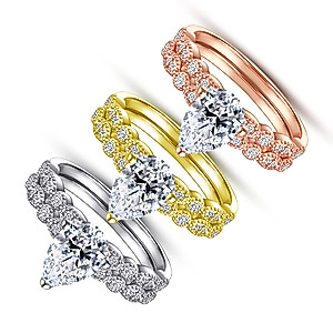 Vintage Wedding Ring Set for Women Bridal Sets Wedding Rings, 1 Carat Center Round/Radiant/Pear Cut Moissanite Engagement Ring Set 925 Sterling Silver 10K 14K 18K Gold Free Engraving(Style 2 - Pear Cut)