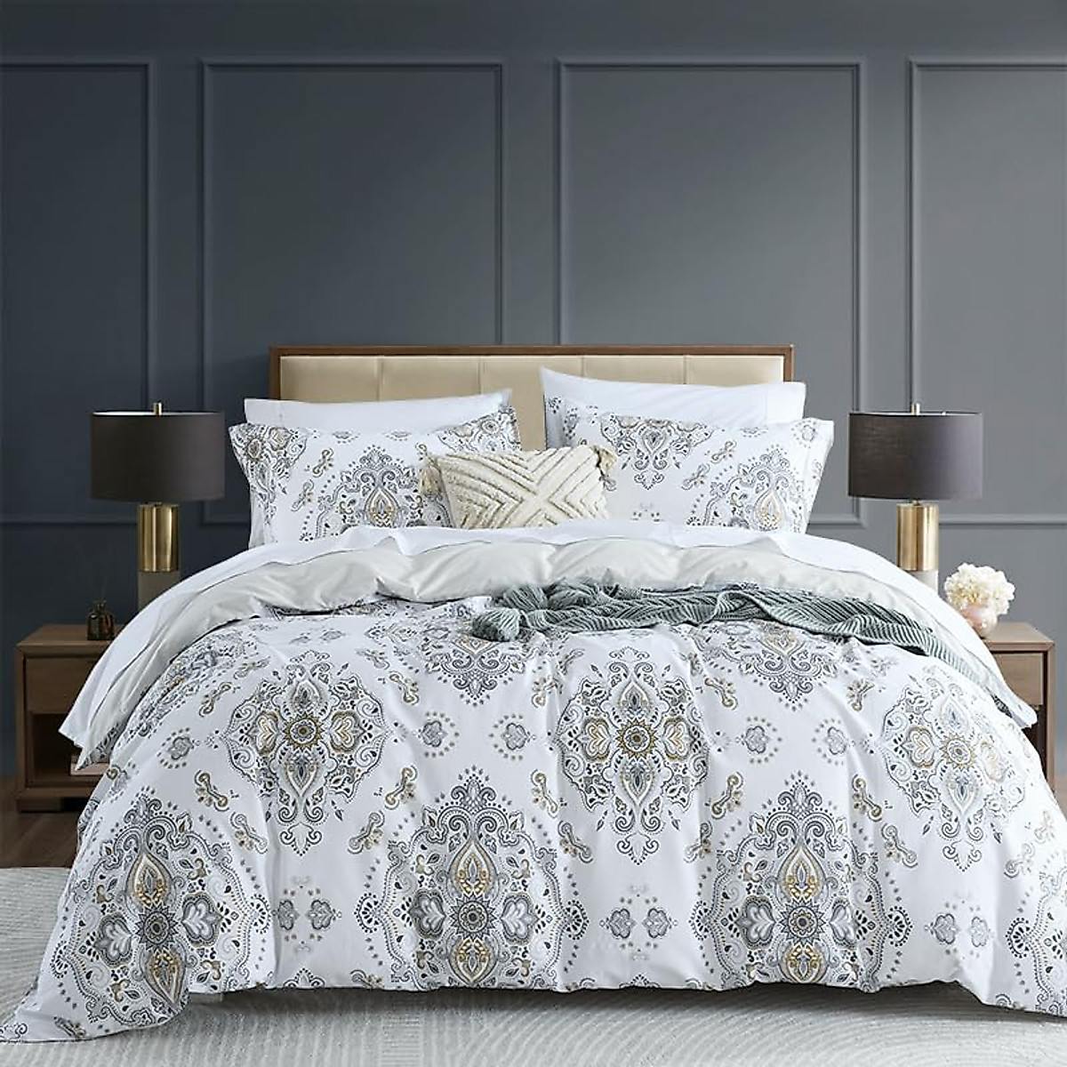 Bedduvit 100% Cotton Duvet Cover Queen Size - Soft Paisley Queen Duvet Cover Set, 3 Pieces All Season Reversible Damask Bedding Comforter Sets with 2 Pillow Shams, White/Yellow, 90"x90"