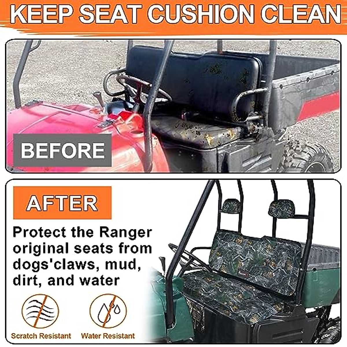 StarknightMT UTV Ranger Seat Covers, Camo Waterproof Seat Covers Compatible with Polaris Ranger 500 700 800 2002-2008 Durable 1680D Fabric with Waterproof PU Coating Camo Bench Seat Cover