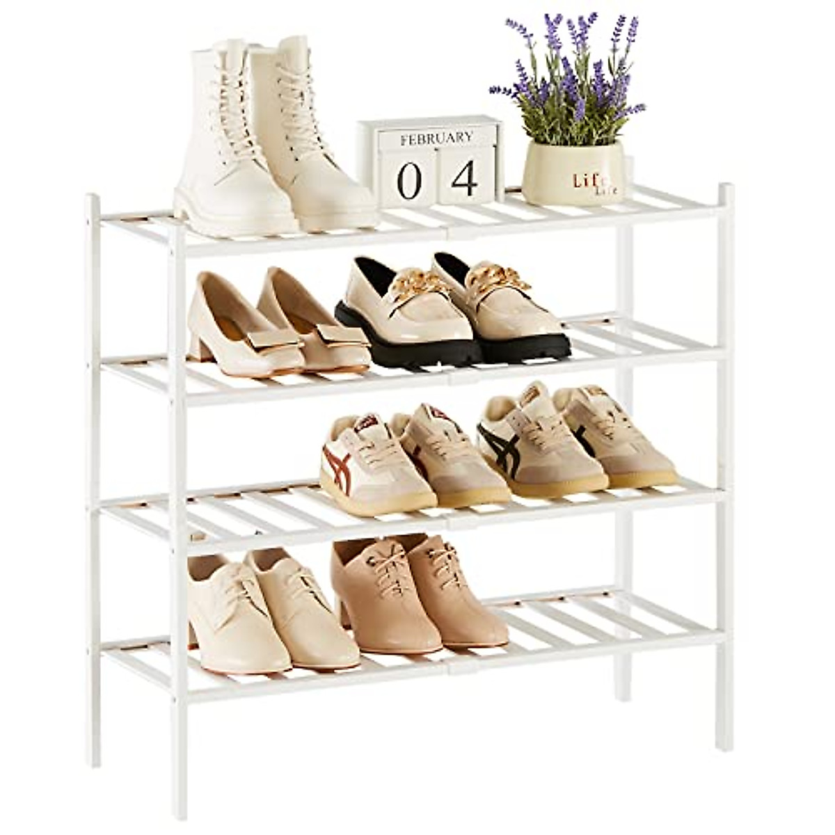 quiqear Bamboo Shoe Rack, 4 Tier Shoe Rack Organizer, Stackable & Durable Shoe Shelf Holder, Free Standing Shoe Racks, Shoe Storage Organizer for Entryway, Closet, Hallway (White)