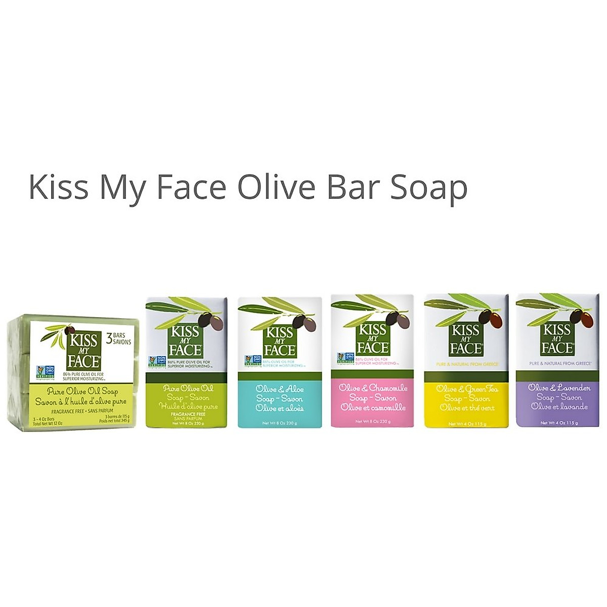 Kiss My Face Pure Olive Oil Soap with Aloe Vera, Moisturizing Bar Soap, 8 oz Bars, Olive & Aloe, 64 Ounce (Pack of 8)