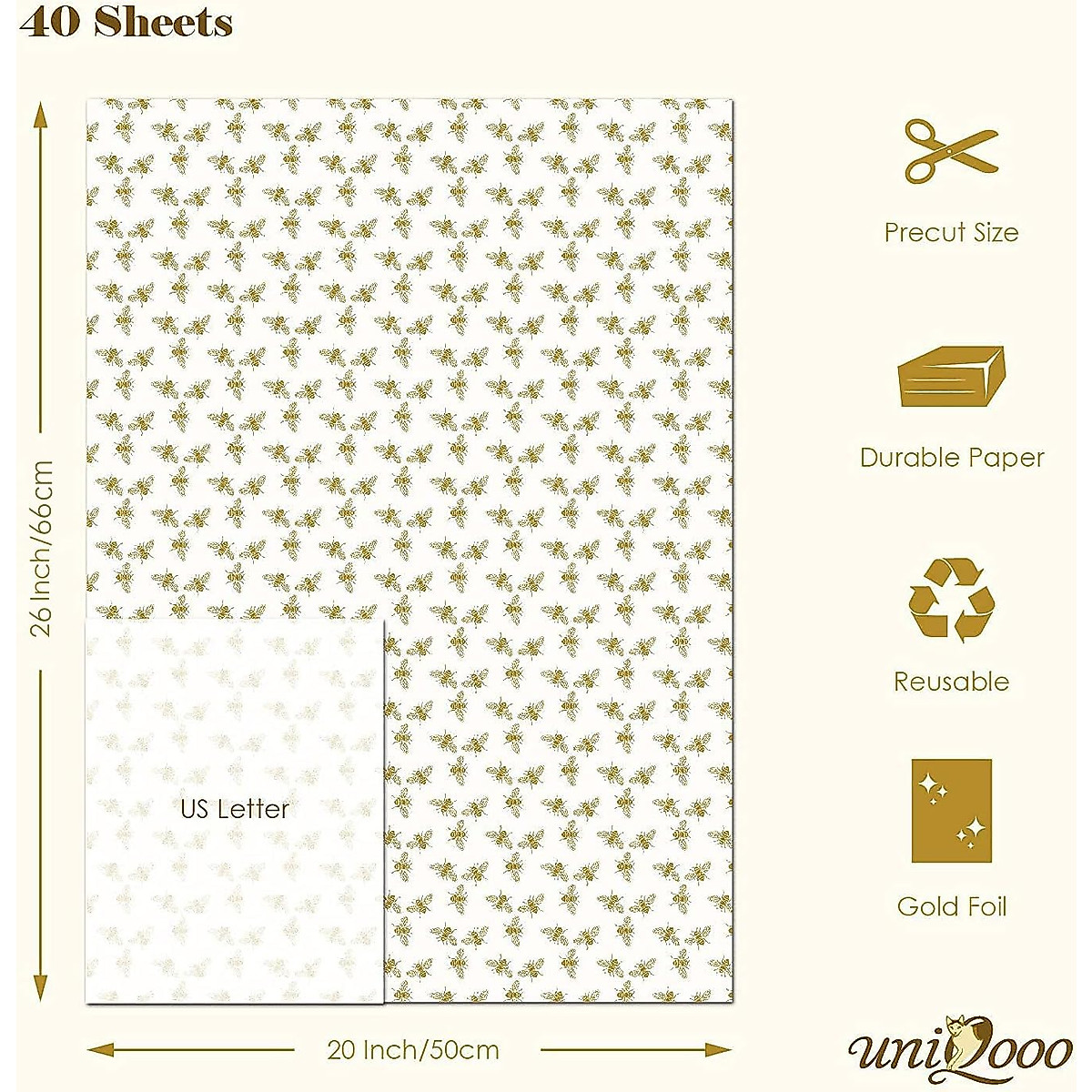 UNIQOOO 40 Sheets Metallic Gold Foil Honey Bee Gift Wrapping Tissue Paper Bulk, Large 20X26 Inch, For Wedding Birthday Baby Shower Party Favor Decor, Gift Bags Box Packaging, DIY Craft Bedding Shred Paper Filler