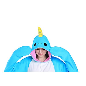 dressfan Animal Narwhal Onesie Pajamas Hooded Halloween Cosplay Costume Christmas Pajamas for Family Adult Women Blue